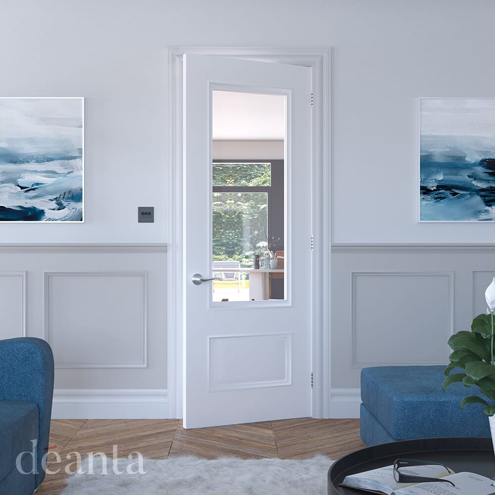 826x2040x44mm Sandringham Clear Glazed White Fire Door at Vibrant Doors