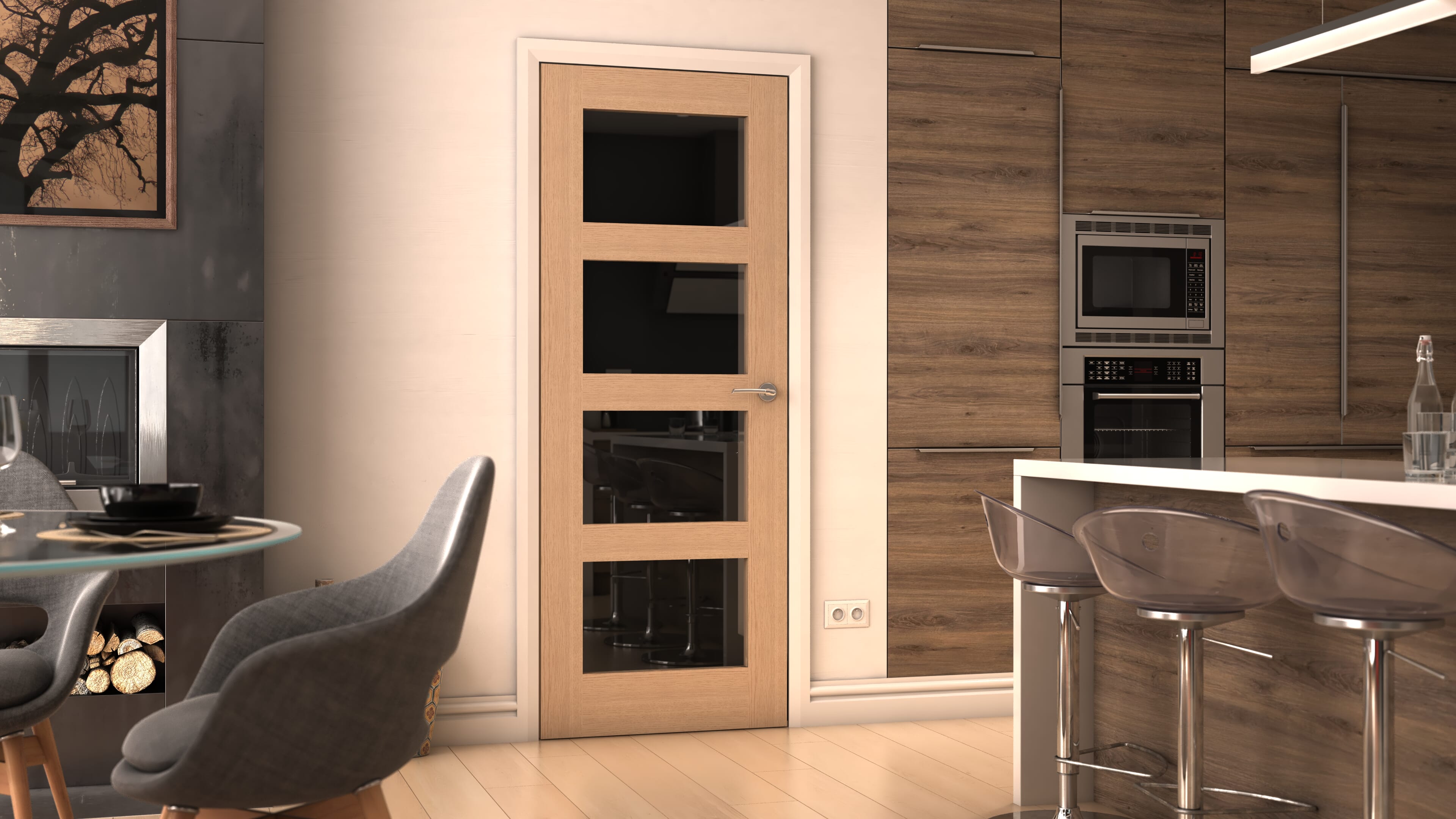 Shaker 4 Light Clear Glazed Oak FD30 Fire Door Set at Express Doors Direct