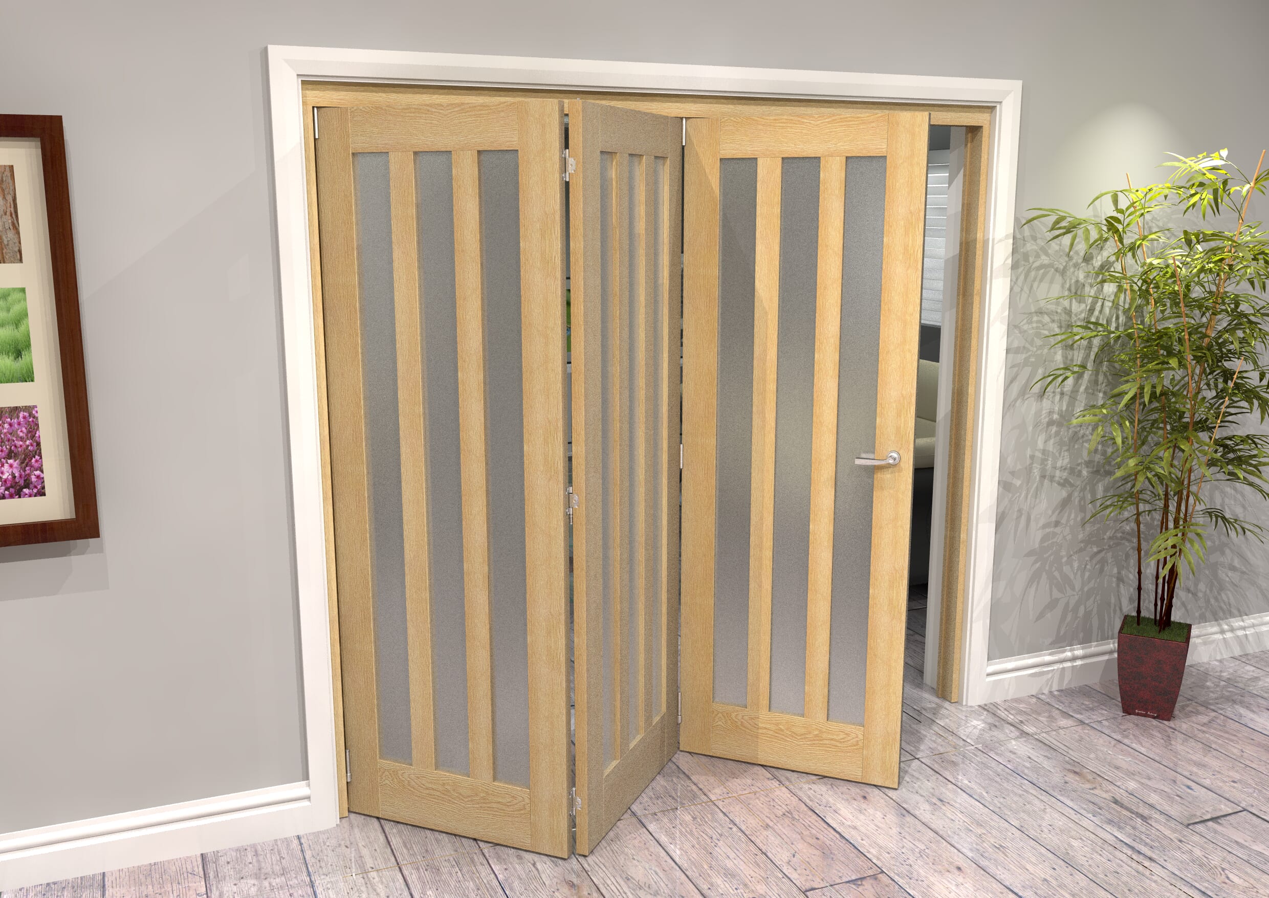 Aston Oak Frosted Glazed Roomfold Grande at Vivid Doors