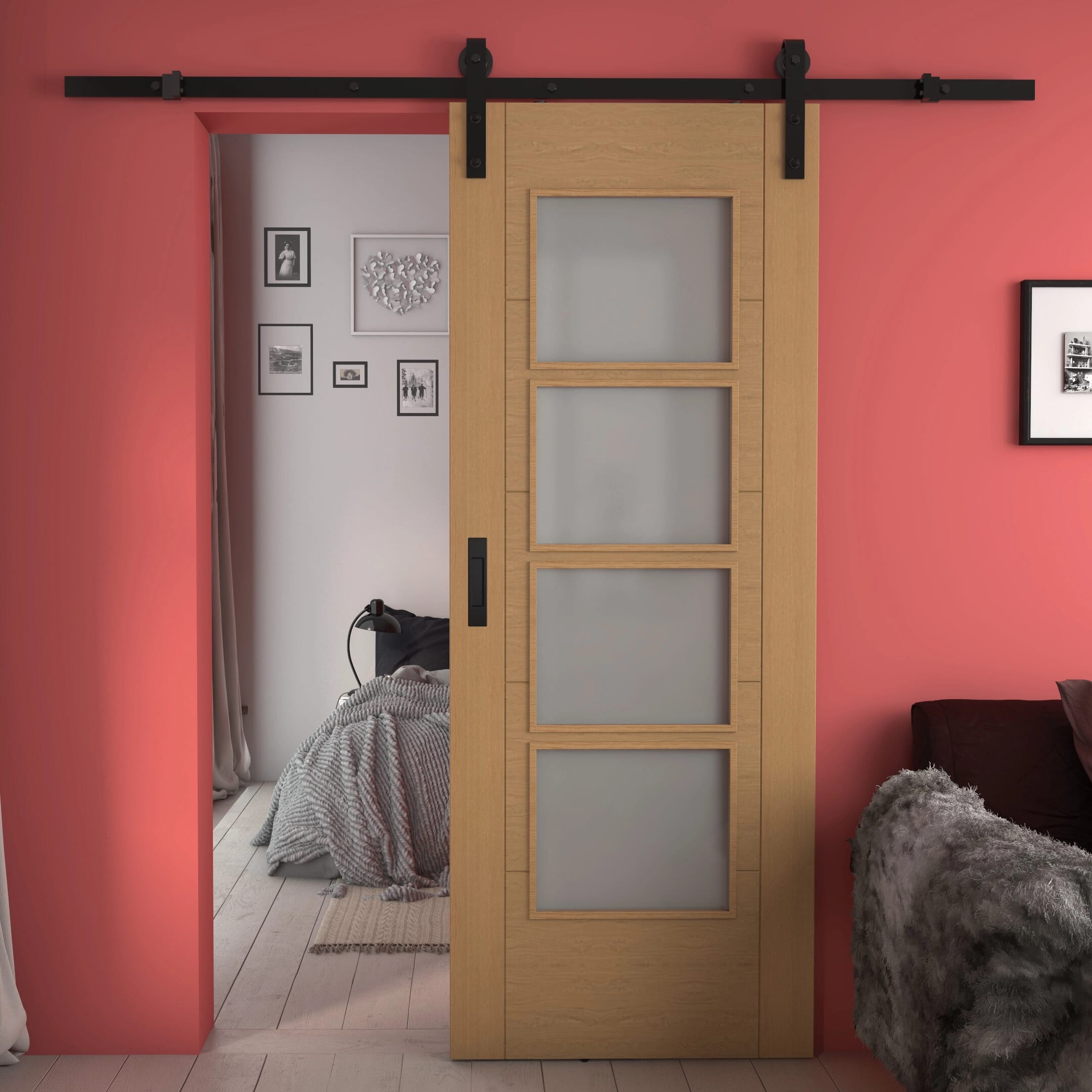 Iseo Oak 4 Light Frosted Glass - Prefinished Sliding Barn Door At ...