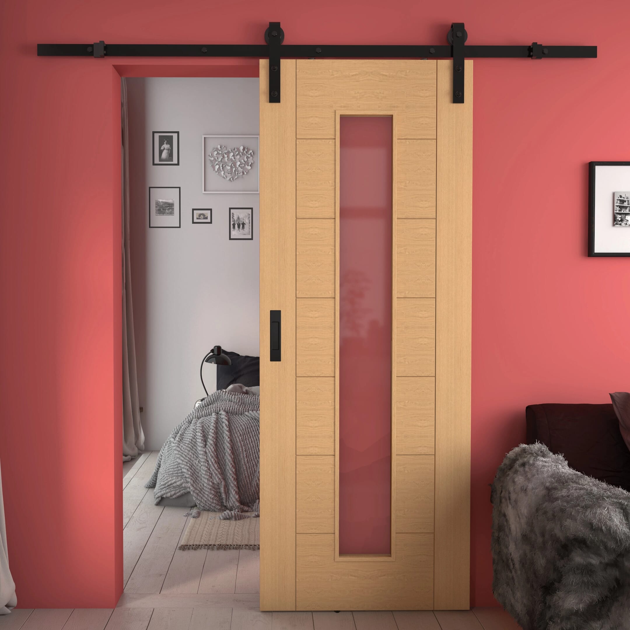 Modern 7 Panel Oak Clear Glass Sliding Barn Door at Express Doors Direct