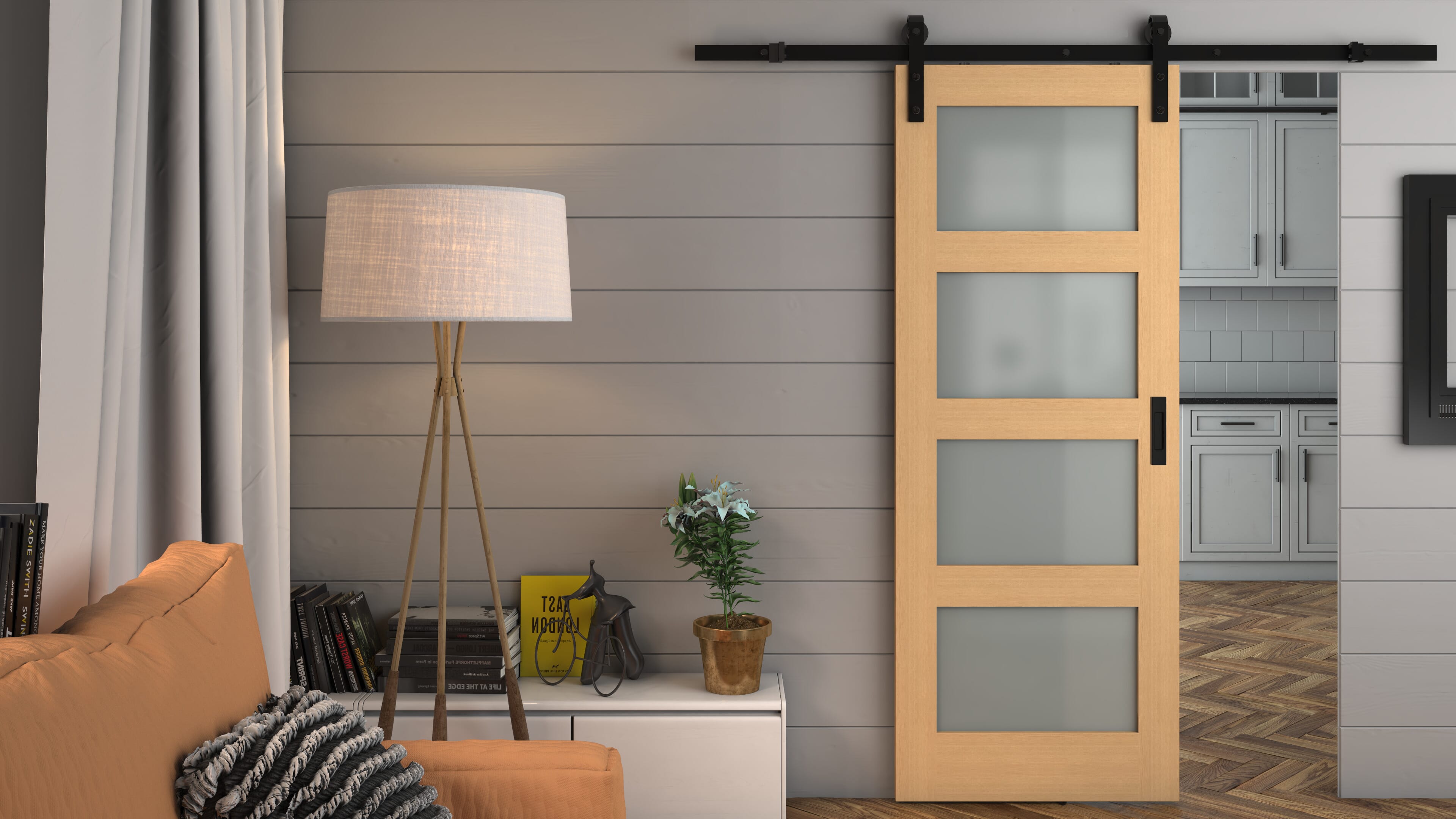 Shaker 4 Light Oak Frosted Glass Sliding Barn Door at Vibrant Doors