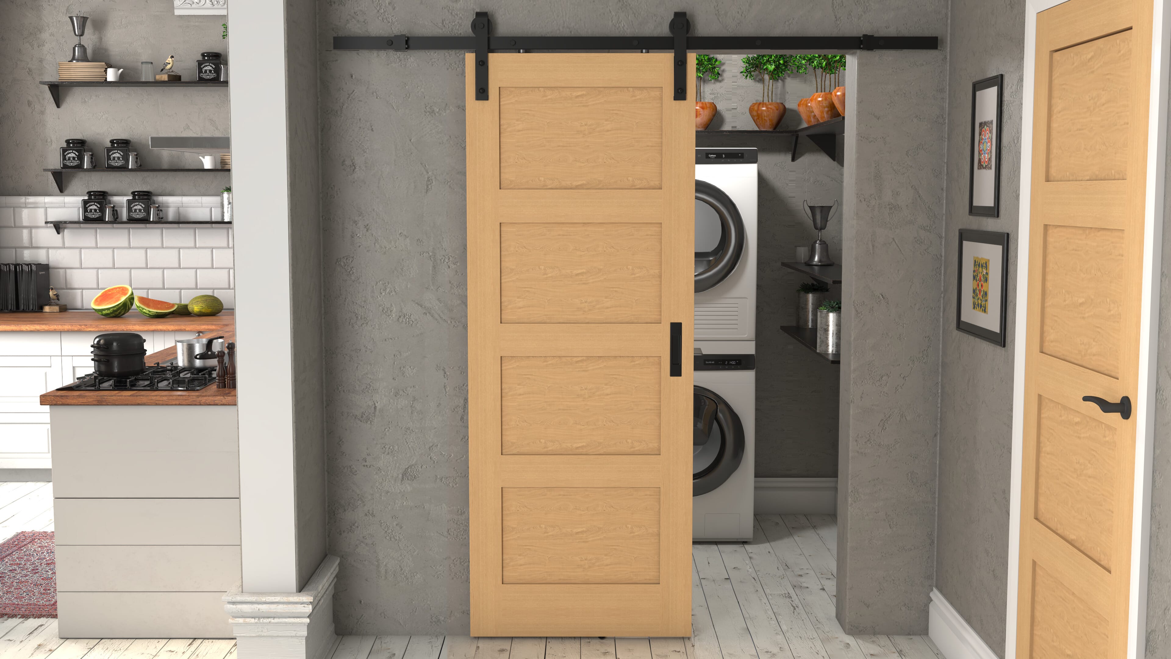 762x1981x35mm (30) Shaker 4 Panel Oak Sliding Barn Door at Vibrant Doors
