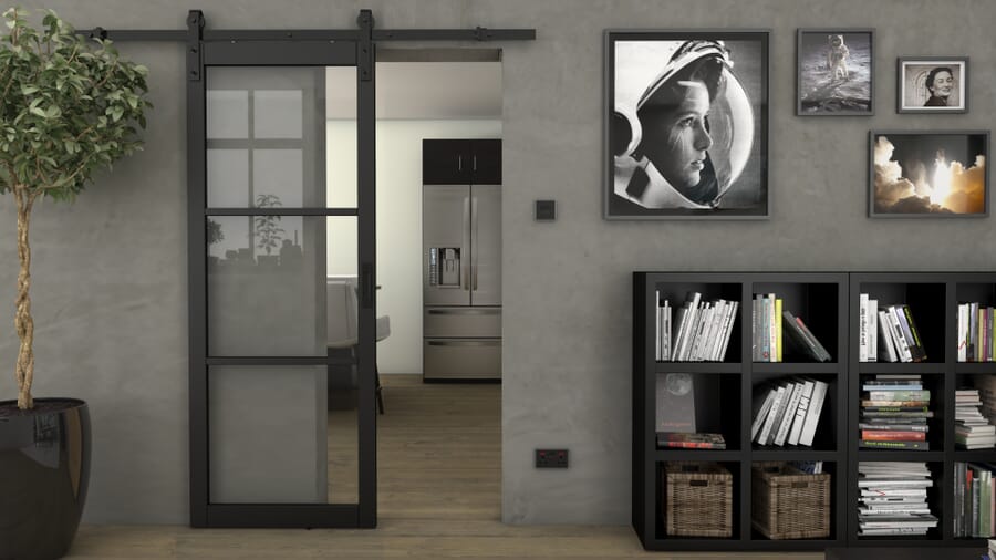 Heritage Black Slim Profile Clear Glass Sliding Barn Door from Doors & More