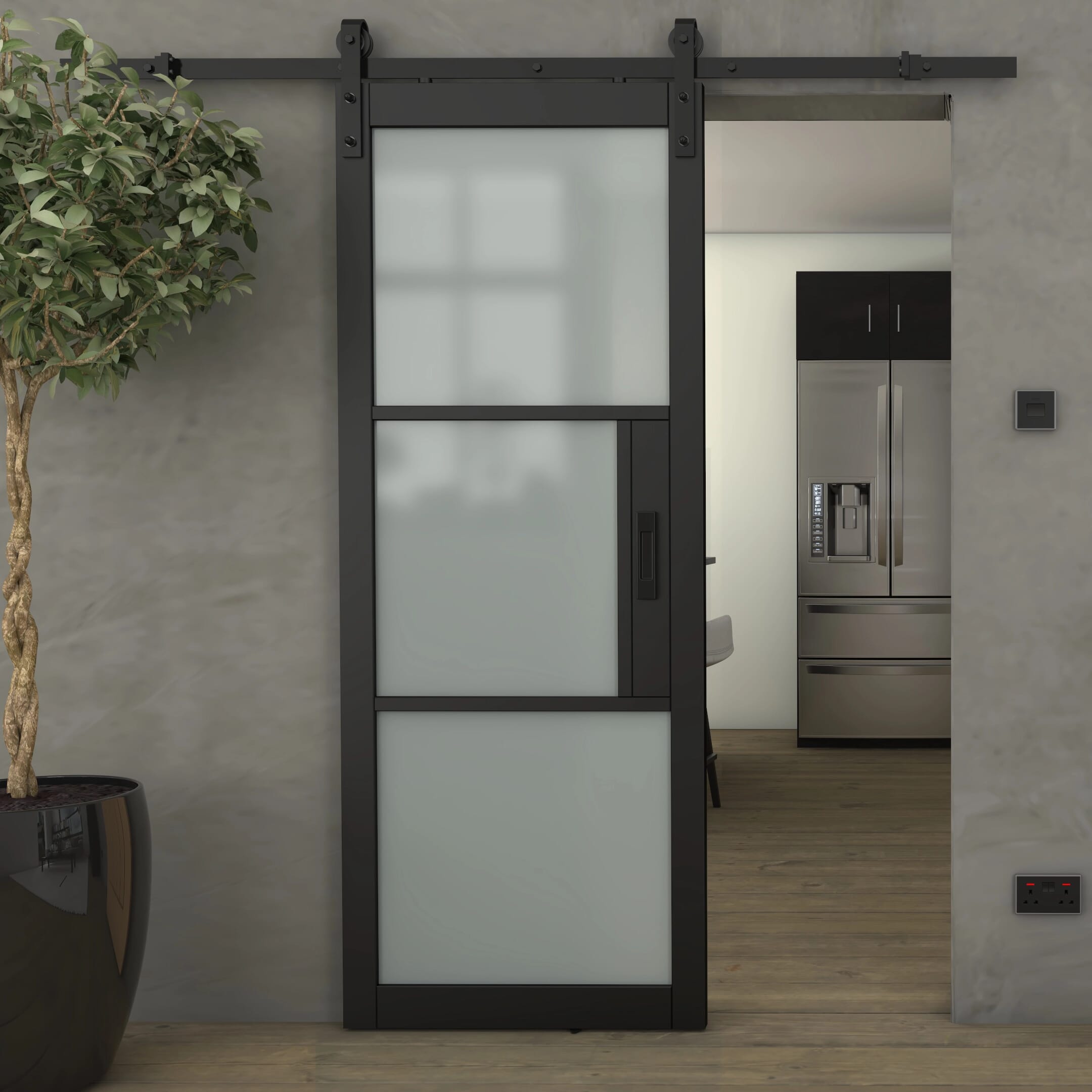 Heritage Black Frosted Glass Sliding Barn Door