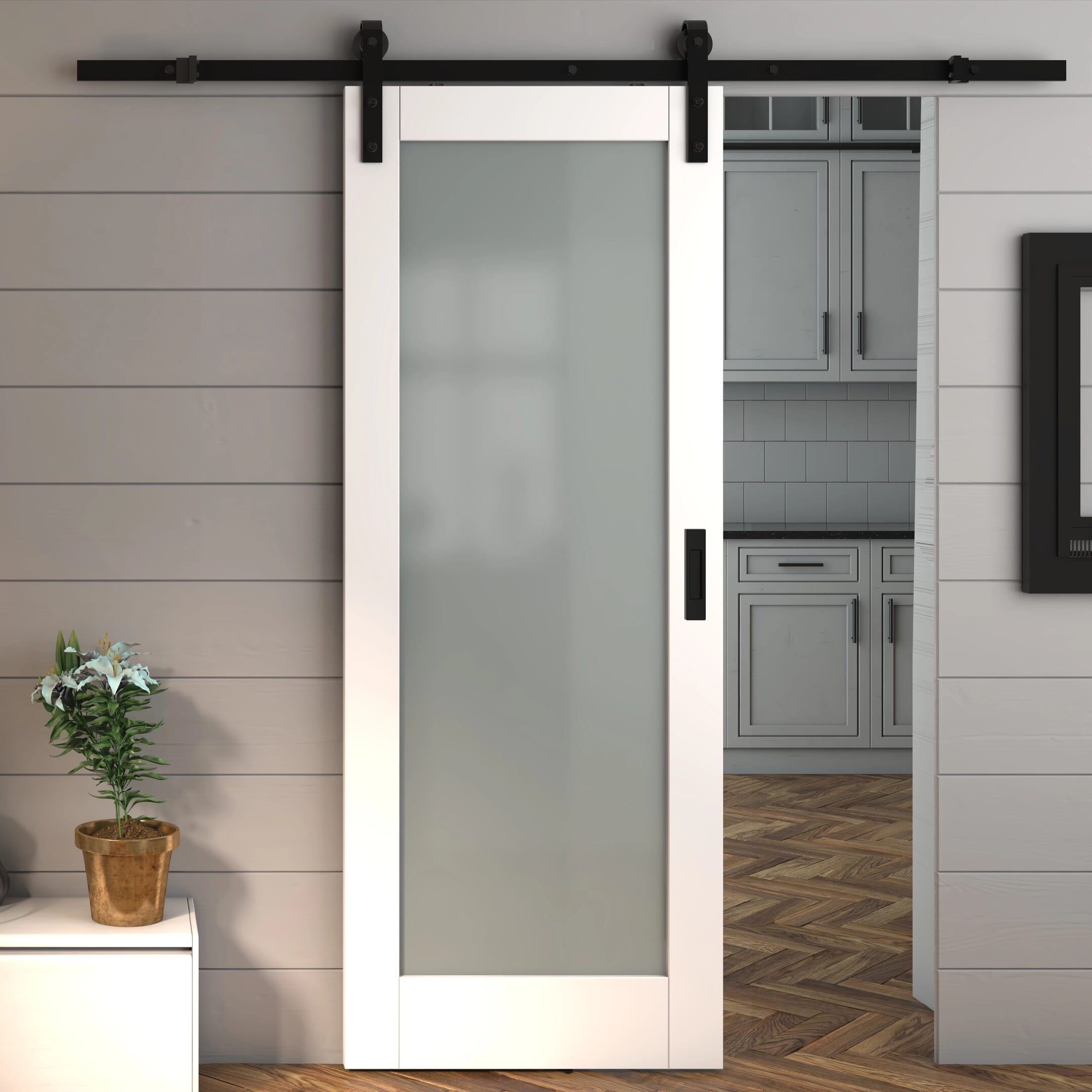 Pattern 10 White Frosted Glass Sliding Barn Door at Vibrant Doors