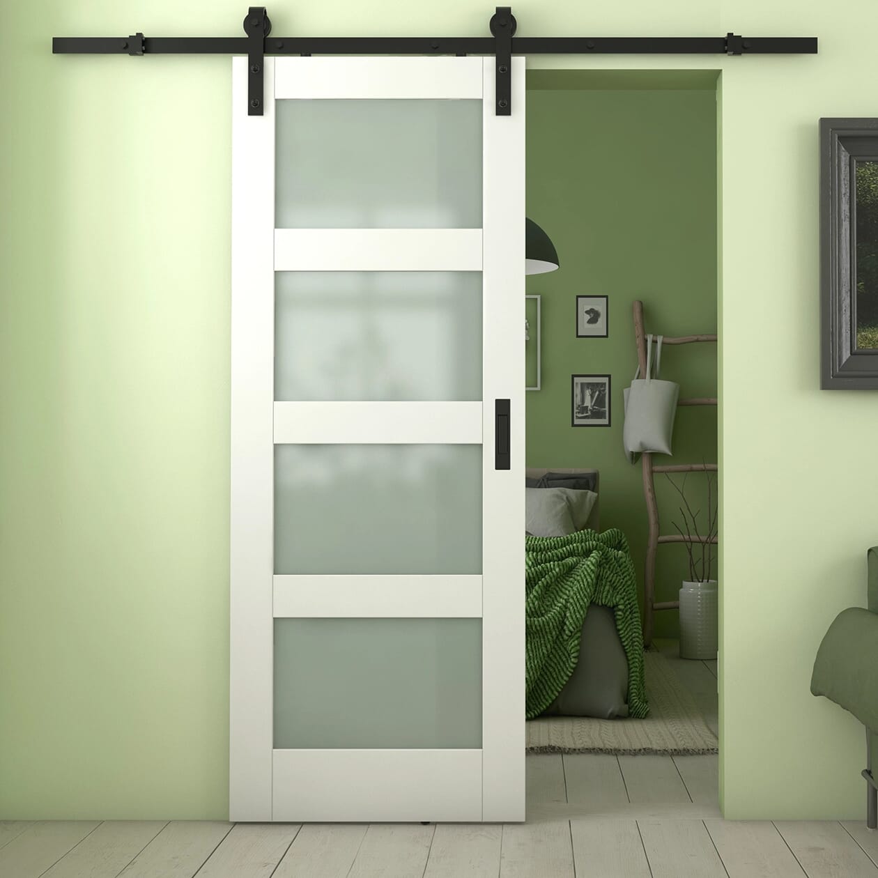 Shaker 4 Light Frosted Glass White Sliding Barn Door at Express Doors ...